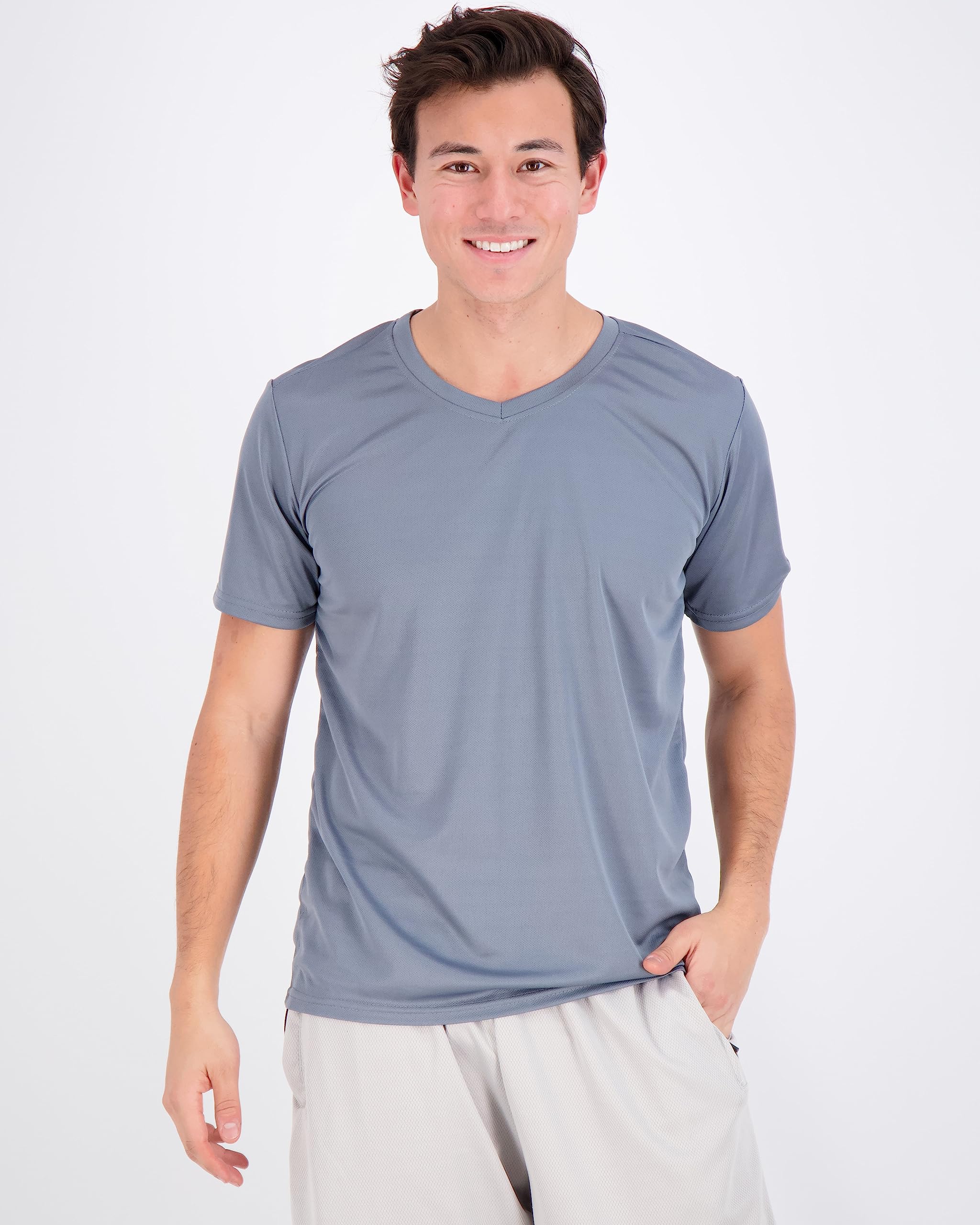 5 Pack: Men’s V Neck Mesh Active T-Shirt Essentials Performance Workout Gym Training Quick Dry Fit Dri Breathable Short Sleeve Under Shirt Athletic Sport Fitness Exercise Running Top SPF,Set 4-L