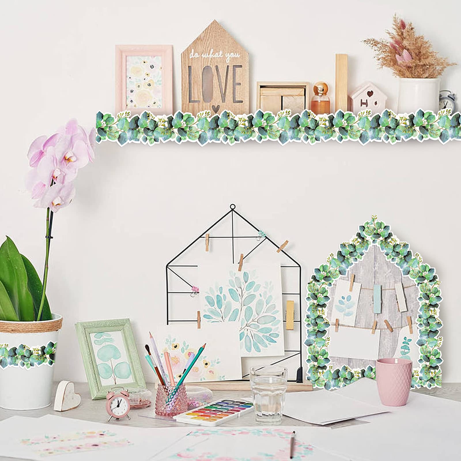 49ft Eucalyptus Die-Cut Border Trim Bulletin Board Classroom Border Trim Eucalyptus Themed Border Sticker for Photo Wall Bulletin Boards Desks Display Home and School Decorations Green