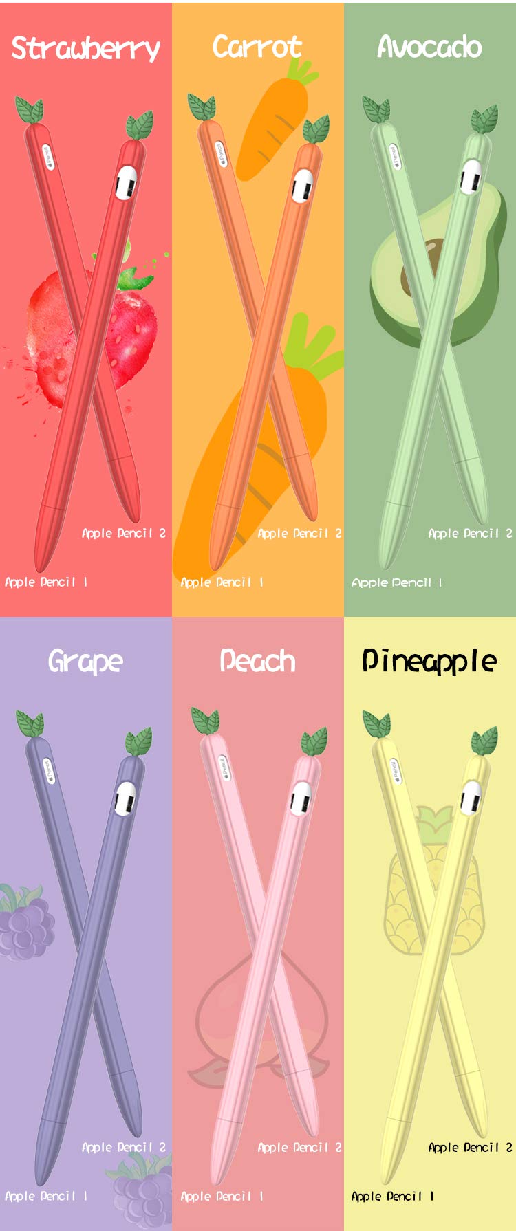 TYPLAUSE (2 Pack) Fruit Design Silicone Soft Protective Cover Accessories Compatible with Apple Pencil 2nd Generation iPencil Case Sleeve Cute (Peach+Avocado)