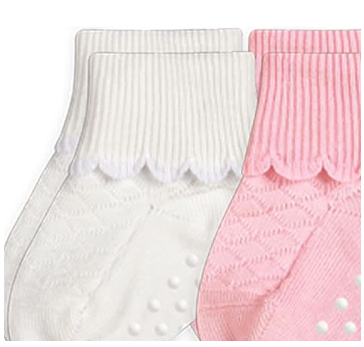 Jefferies Socks Baby Girls' Non-Skid Scalloped Turn Cuff 6 Count (Pack of 1), White/Pink, Toddler, Shoe Size 3-7