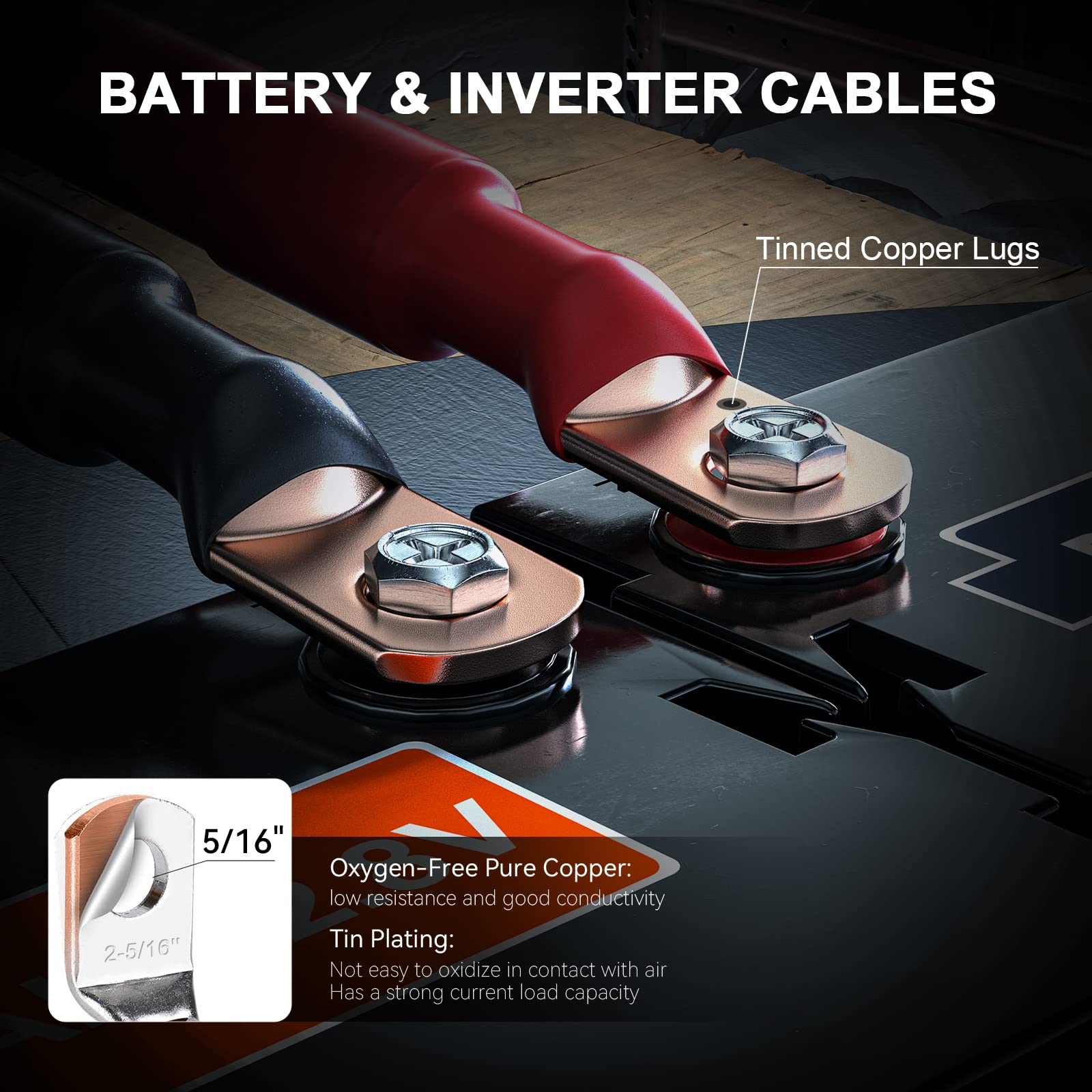 4AWG Battery Cable 3Ft, Parallel Battery Inverter Cables 4 Gauge 3 Feet fit for Solar, RV, Car, Boat, Pure Copper Battery Connection Cables with Heavy Duty 5/16" Lugs on Both Ends (Black & Red)