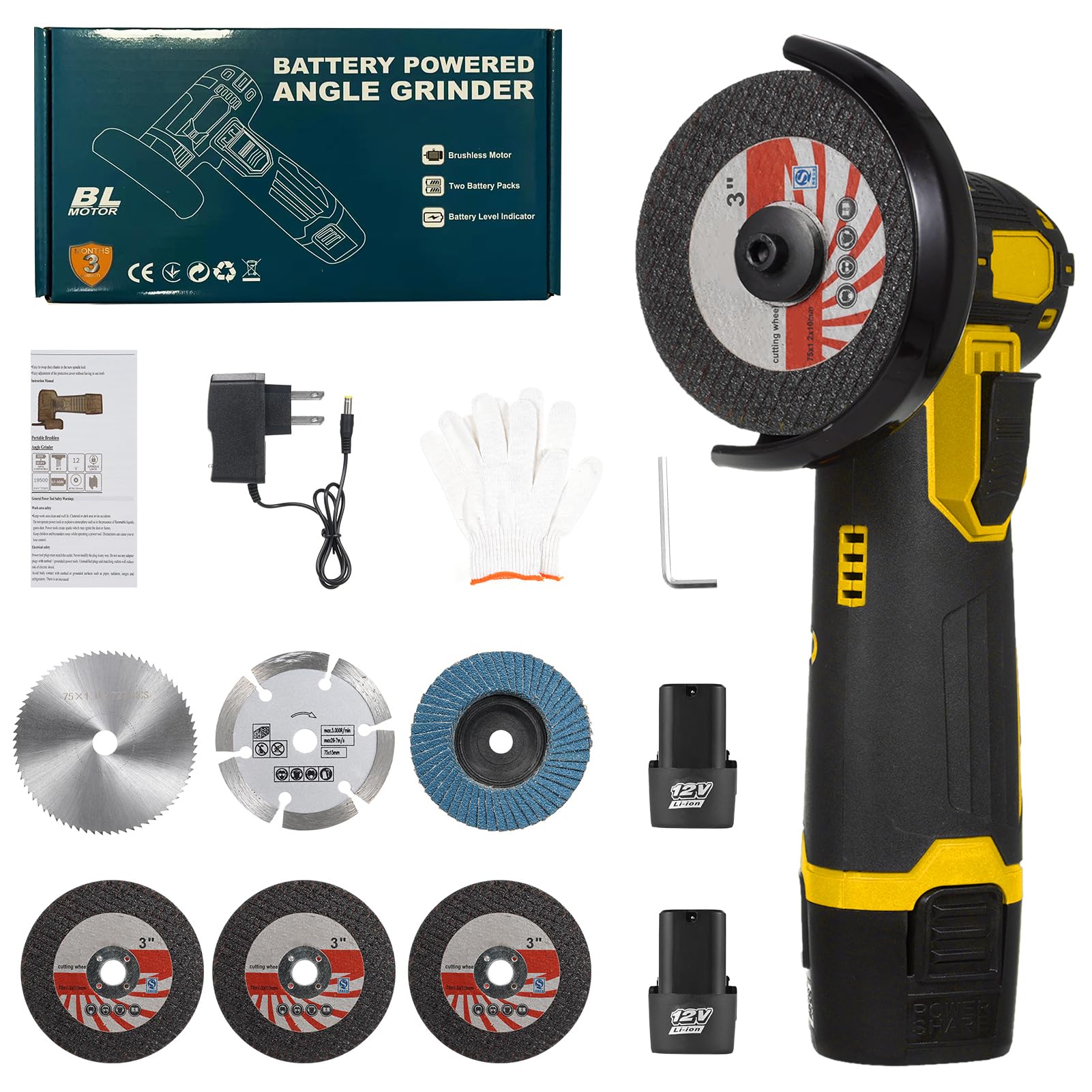 Aumotop Cordless Brushless Angle Grinder Kit, Grinding Disc 3in/76mm, 19500rpm Mini Lightweight Electric Grinding Tool Handheld Cutter with 2 PCS 12V1500mAh Batteries & 6PCS Cutting Discs