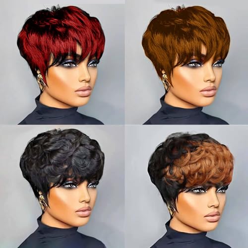 Evasens Pixie Cut Wig Human Hair Wigs for Black Women Short Wigs for Black Women Pixie wig with Bangs Full Machine Made Wig Glueless Wig Natural Wavy Wigs for Women