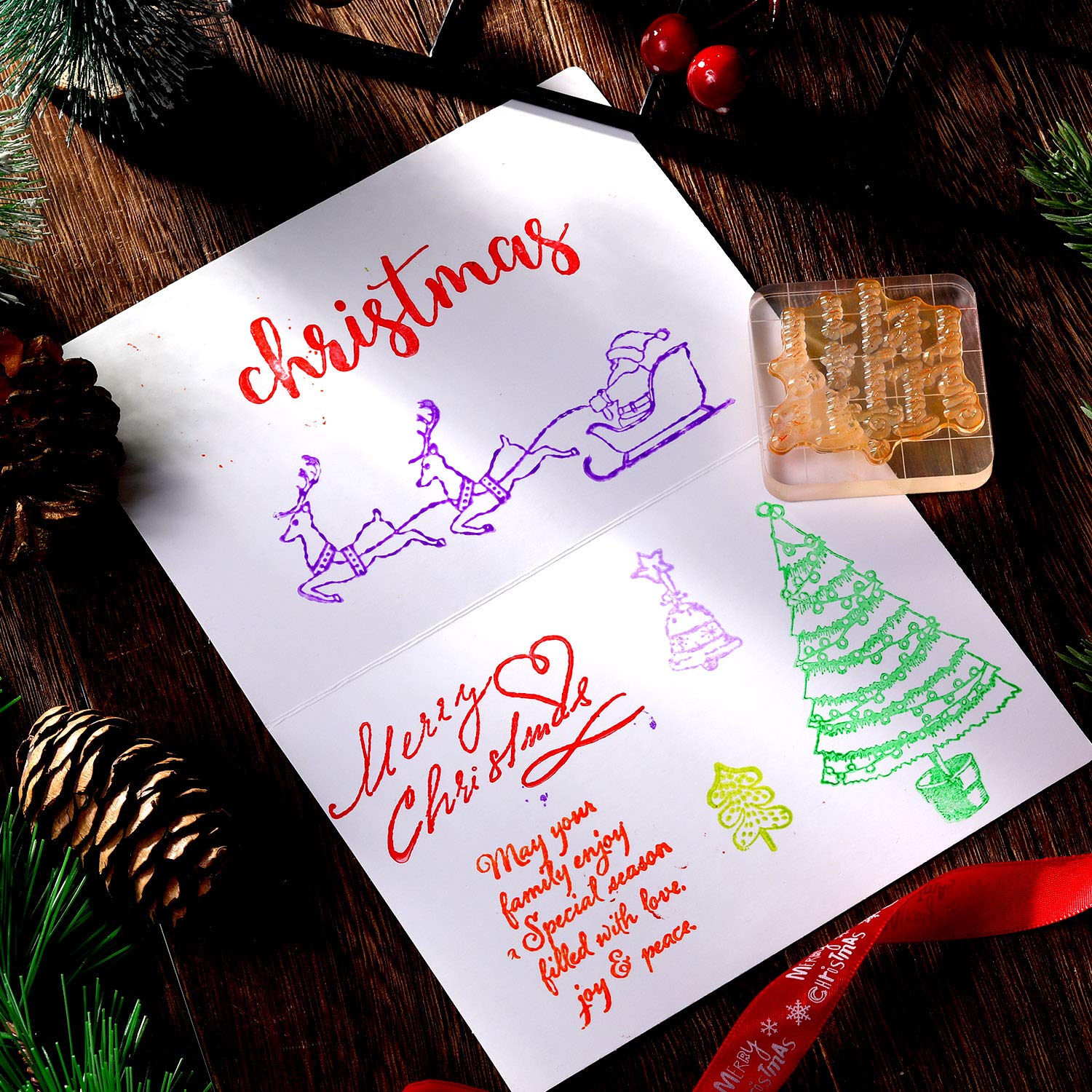 4 Pieces Words Christmas Clear Stamps Set Silicone Christmas Greeting Stamps Sentiments Merry Christmas Crafts Stamps Acrylic Stamp Blocks Tools with Grid Lines for Card Making Decor DIY Scrapbooking
