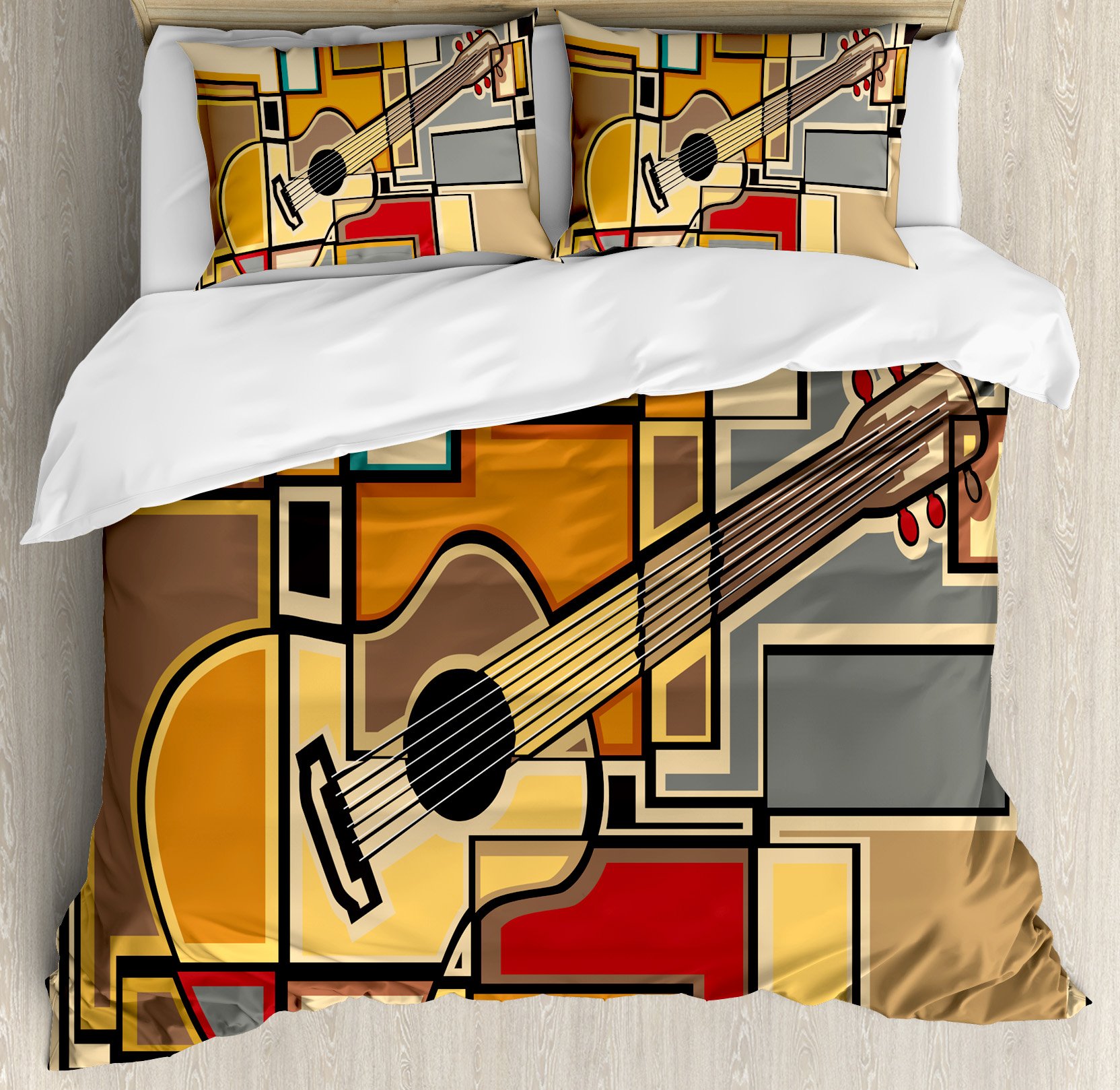 Ambesonne Music Duvet Cover Set, Funky Fractal Geometric Square Shaped Background Acoustic Guitar Art, Decorative 3 Piece Bedding Set with 2 Pillow Shams, King Size, Pale Yellow