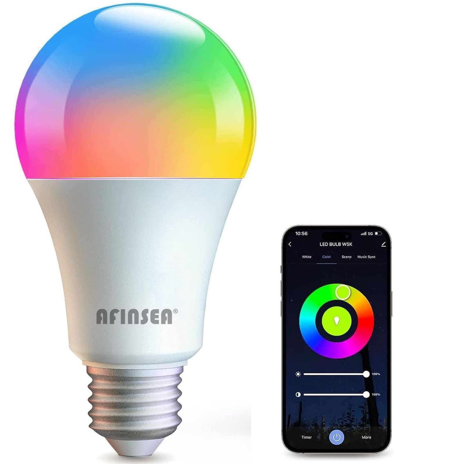 AFINSEA Smart Light Bulbs,Bluetooth Color Changing Light Bulbs That Work with tuya APP,9W Warm White 6500K,A19 E27 RGBW Colored Bulb,Music Sync,Dimmable 16 Million Colors Light Bulbs-1 Pack