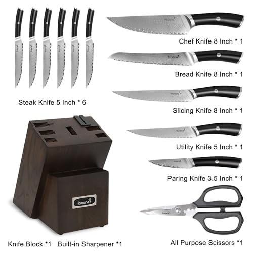 Authentic Damascus Knife Set, Ultra Sharp Blade Ergonomic Non-slip Handle, Kitchen Utensils Set Chef Knife Block Set with Built-in Sharpener, Luxury Gift for Holiday(Silver, 14PCS)