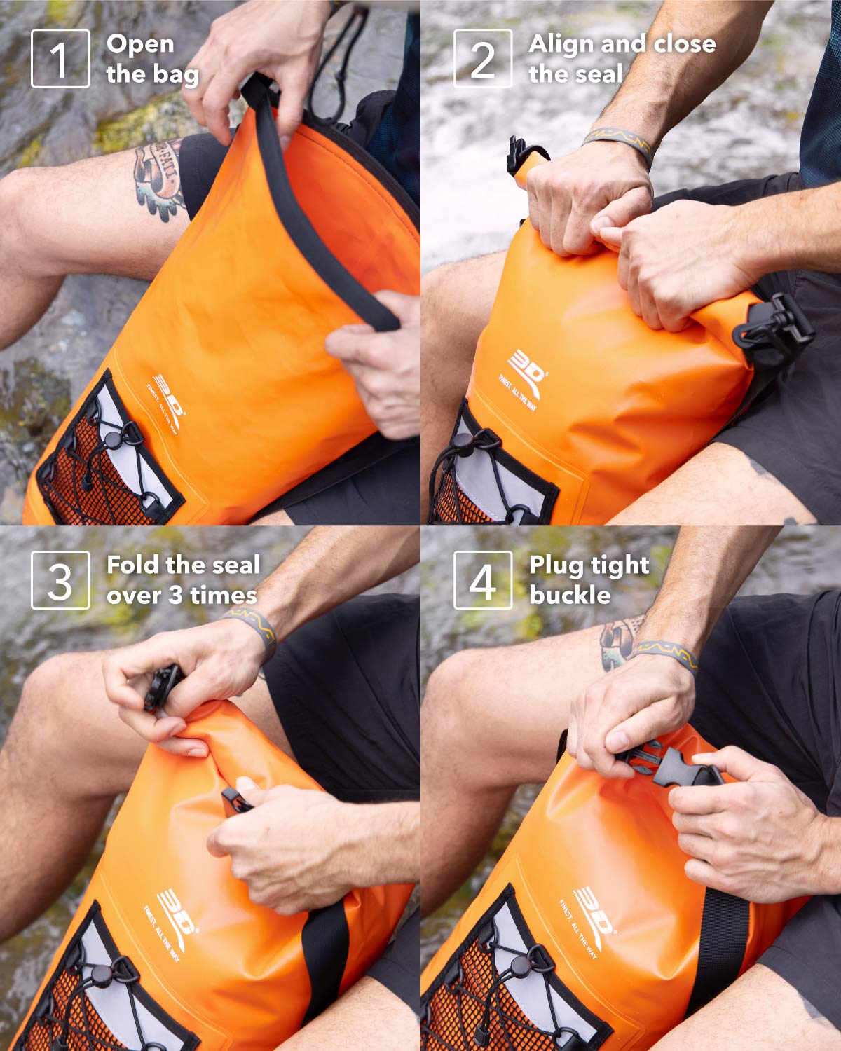 3D MAXpider Roll Top Dry Bag Backpack 30L, Waterproof Lightweight Floating Marine Drybag - Detachable Straps, Mesh Front Pocket - Travel, Hiking, Fishing, Swimming, Boating, Kayaking, Camping (Black)