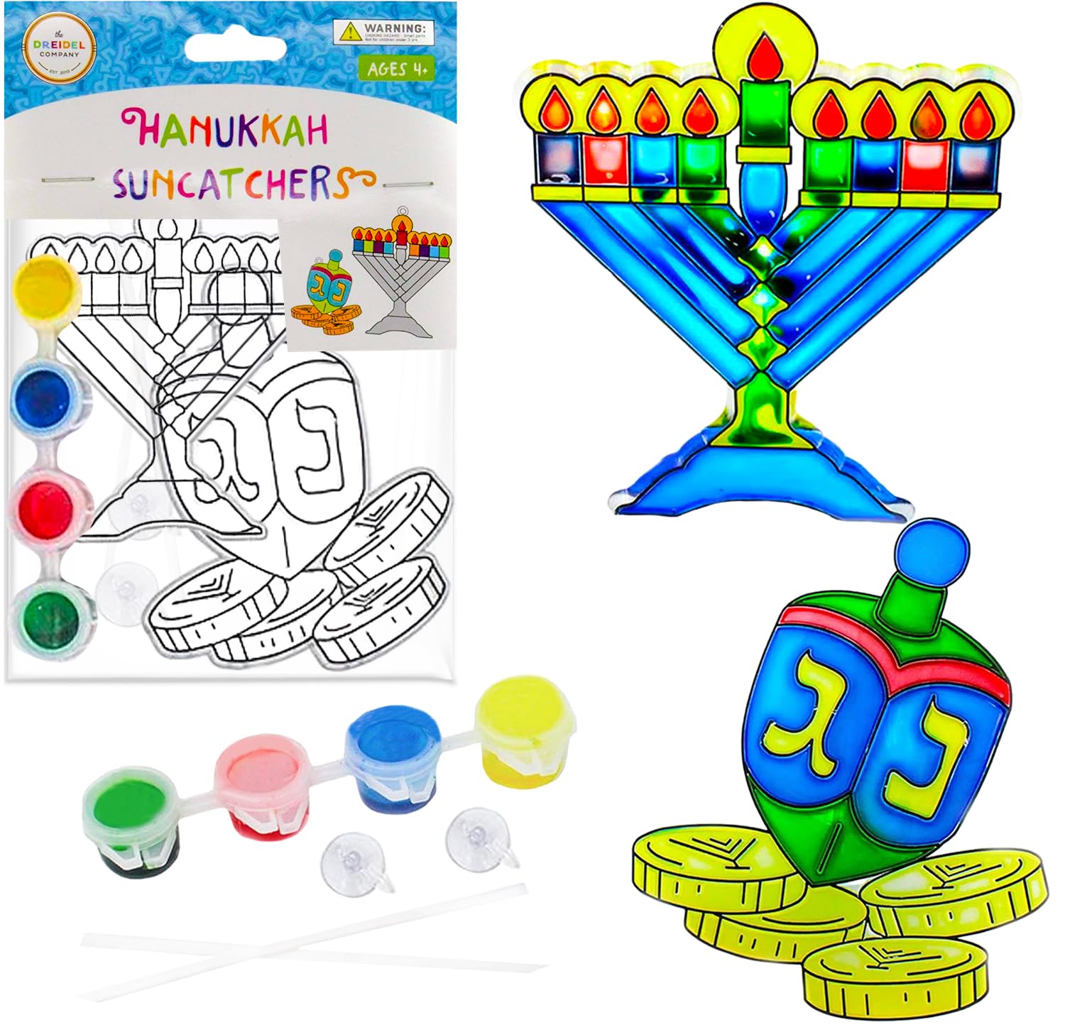 The Dreidel Company Hanukkah Suncatcher, Stained Glass Look, Chanuka Decorations, Paint Your Own Menorah and Dreidel, Fun and Educational (Single)