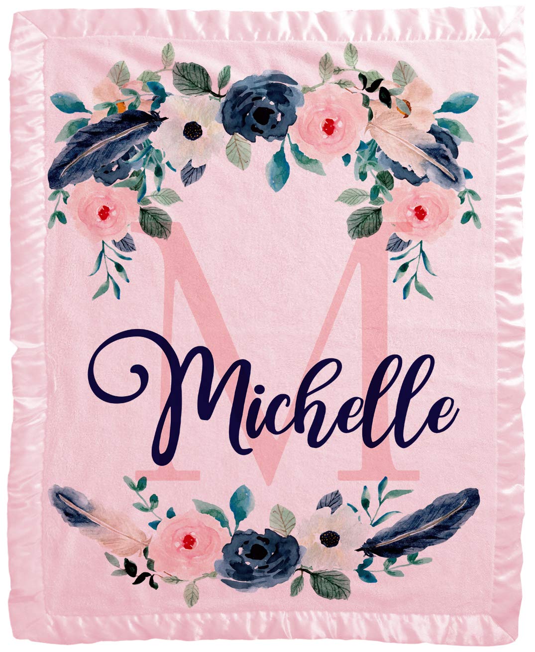 Personalize It Baby Blanket for Girls 30x40 in (Pink) Customized with Name Personalized Monogram for Newborns and Infant in Floral Girl Navy Indigo Blue and Pink with Satin Trim