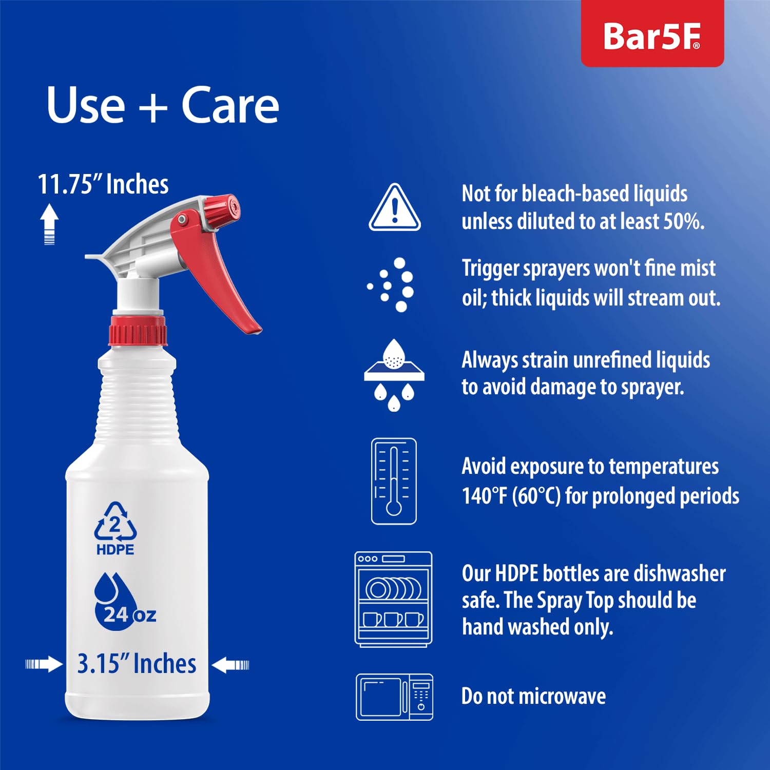 Bar5F Set of 2 Premium 24 oz Spray Bottles, NBR Gasket - Superior Hydrocarbon Resistance - Ideal for Auto Detailing & Industrial Cleaning