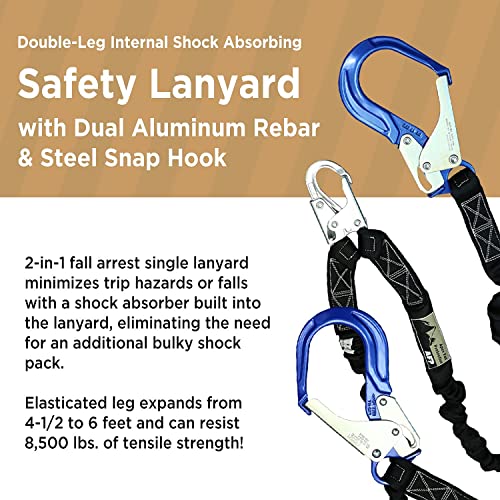 AFP 6FT Double Leg Internal Shock Absorbing Safety Fall Protection Lanyard with Dual Aluminum Pelican Rebar & Steel Snap Hook |Heavy-Duty Webbing | OSHA & ANSI Rated (Aluminum)