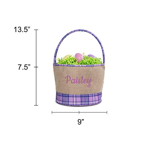 Personalized Easter Bucket Bag with Custom Cursive Name | Purple Plaid Burlap Easter Bag with Handle | Egg Basket for Kids | Customized Easter Basket | Great for Book and Toy Storage