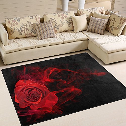 Large Area Rugs 5'3" x 4',Rose in Smoke Swirl On Black Printed Lightweight Non Slip Floor Carpet for Living Room Bedroom Home Deck Patio