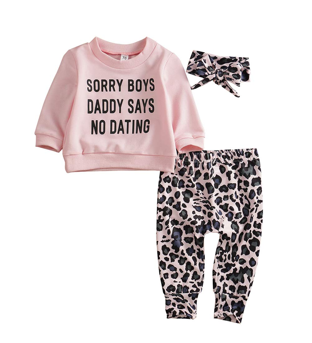 Newborn Baby Girls Clothes Daddy Saying Top Printed T-Shirt Leopard Pants+Headband Sweatshirt Outfit Set (A-Daddy Says, 0-6 Months)