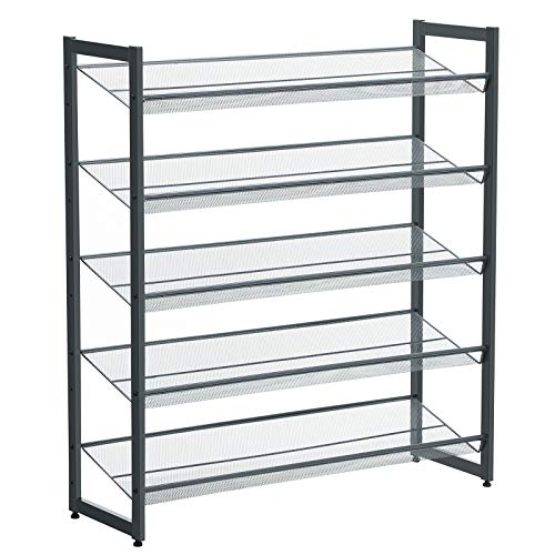 SONGMICS Shoe Rack, 5-Tier Stackable Shoe Storage Shelf, Metal Mesh, Flat or Angled Shoe Organizer Rack for 20 to 25 Pairs of Shoes, Short Boots, High Heels, Grey