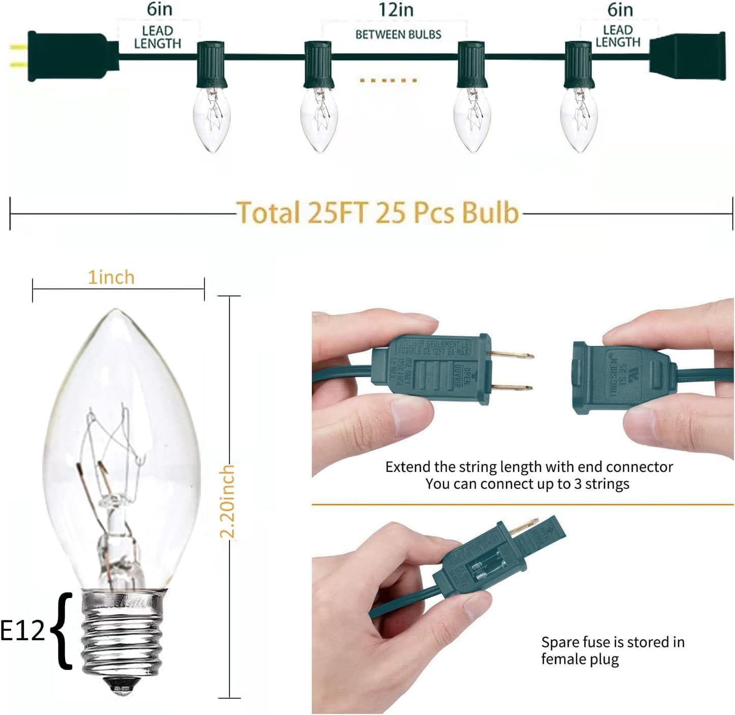 7 Watt Night Light Replacement Bulbs, Salt Lamp Light Bulb, Electric Window Candle Bulb, Night Lamps &Christmas Lights Incandescent E12 Socket C7, 25Packs.