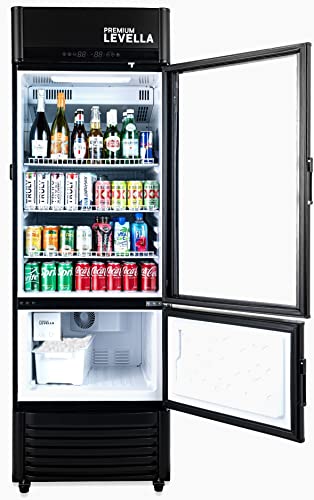 PremiumLevella PRFIM1257DX Single Glass Door Merchandiser Refrigerator-Freezer with Automatic Ice Maker Display Beverage Cooler-12.5 cu ft-Black