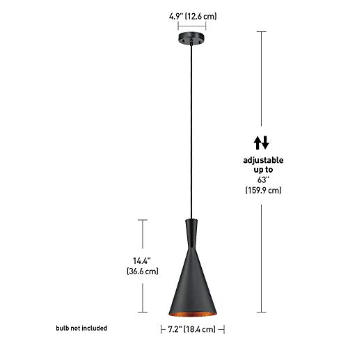 Globe Electric 63873 1-Light Hourglass Pendant, Matte Black, Gold Interior, Black Cord, E26 Base Socket, Kitchen Island, Pendant Light Fixture, Adjustable Height, Home Décor Lighting, Home Decor, Mira