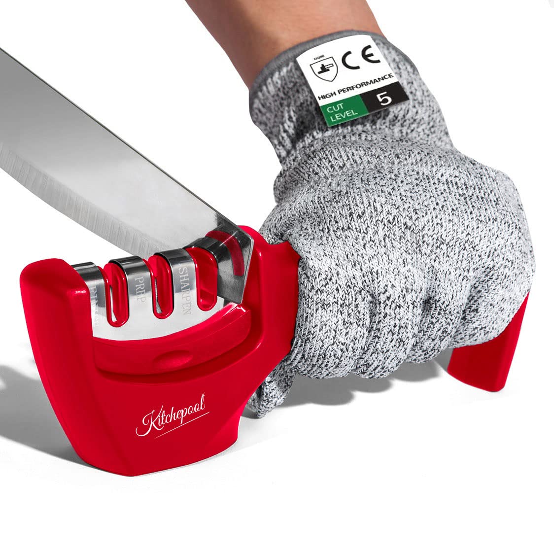 4-in-1 Knife Sharpener Kit with Cut-Resistant Glove, 8-Stage Quality Kitchen Knife Accessories to Repair, Grind, Polish Blade, Professional Knife Sharpening Tool for Kitchen Knives (Red)