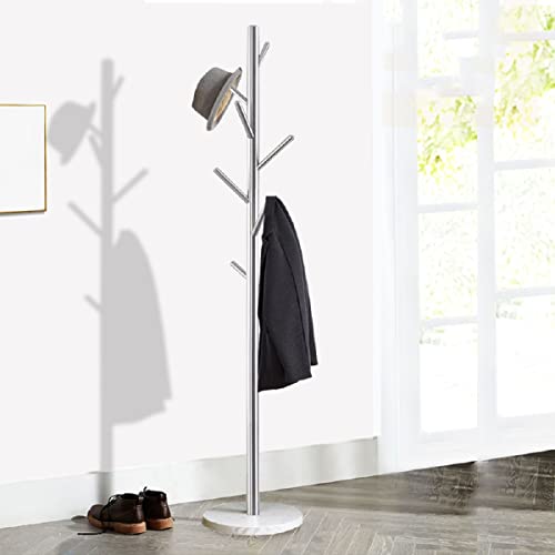 Metal Coat Rack Stand Golden Satin Steel Finish Stable Marble Base, High-Grade with Hooks Metal Tree Hat & Coat Hanger Floor Free Standing Wall Bedroom Easy Assembly (Golden)