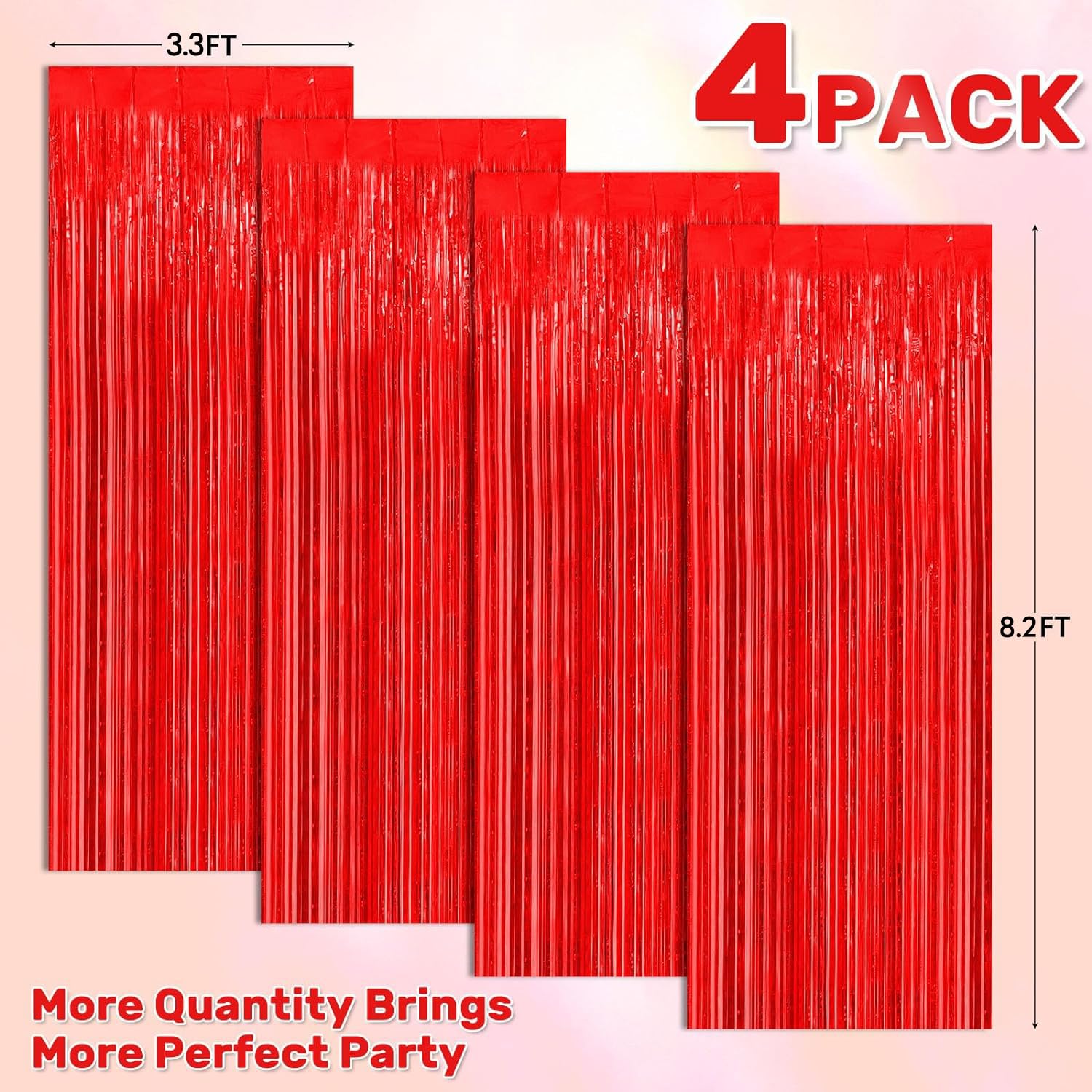 4-Pack Backdrop for Party Decorations, Foil Fringe Backdrop Curtains, Tinsel Streamers for Birthday Party Decorations, Tinsel Curtains for Halloween Valentine Disco Hollywood Theme Parties (Red)