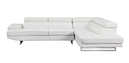 Blackjack Furniture Union Modern Faux Leather Sofa with Adjustable Headrests, Chaise, Elegant Tufted Seat, High-Density Foam and Stainless Steel Legs, Right Facing Sectional, White