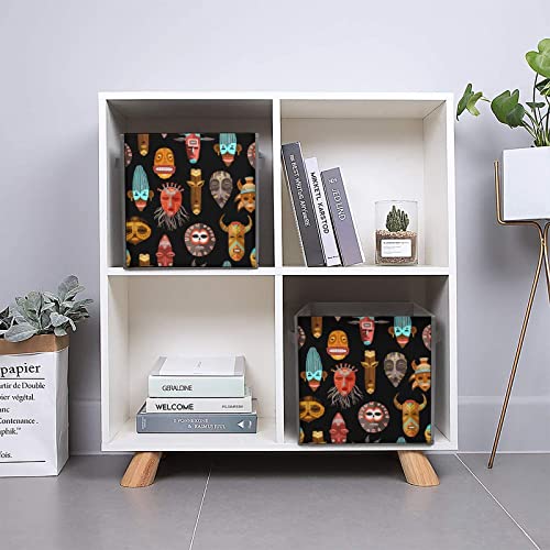 African Face Mask Foldable Storage Bins Printd Fabric Cube Baskets Boxes with Handles for Clothes Toys, 11x11x11