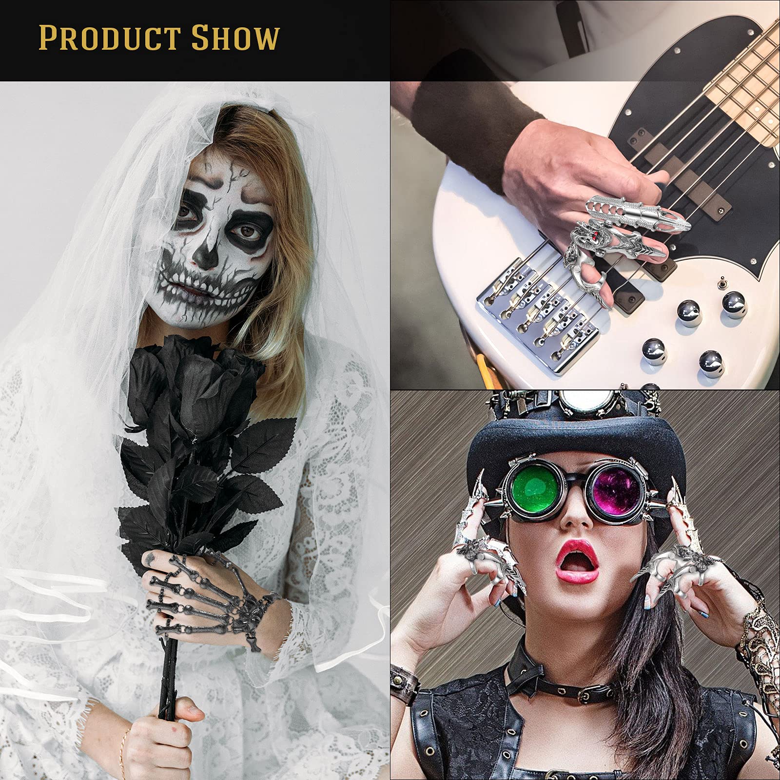 5 Pieces Full Finger Ring Punk Wristband Skull Fingers Hand Bracelet Skull Finger Skeleton Joint Bracelet Knuckle Full Ring for Halloween Accessories (Black)