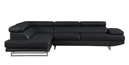 BlackJack Furniture Union Modern Faux Leather Sofa with Adjustable Headrests, Chaise, Elegant Tufted Seat, High-Density Foam and Stainless Steel Legs, Left Facing Sectional, Black