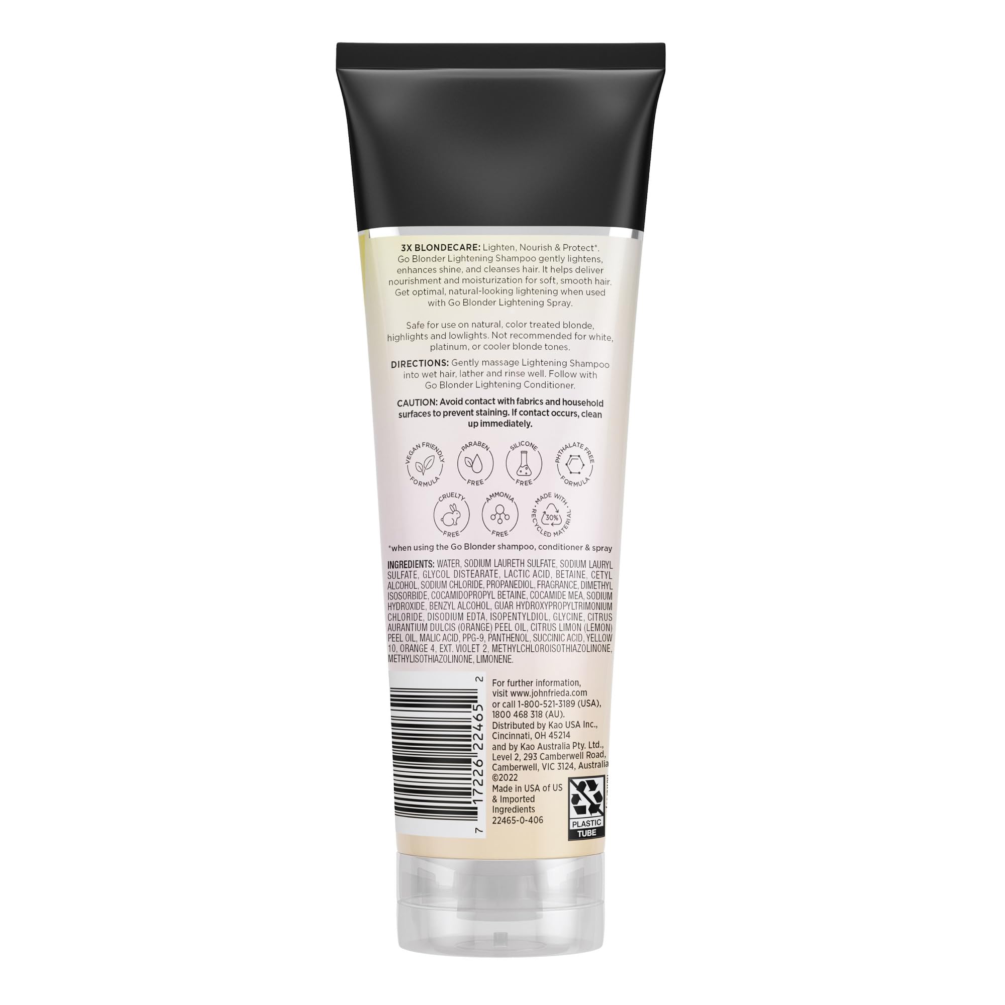 John Frieda Go Blonder Lightening Shampoo for Blonde Color-Treated Hair, Paraben, Phthalate, Silicone and Ammonia Free, Cruelty Free, Vegan Friendly Shampoo 8.3 oz Bottle
