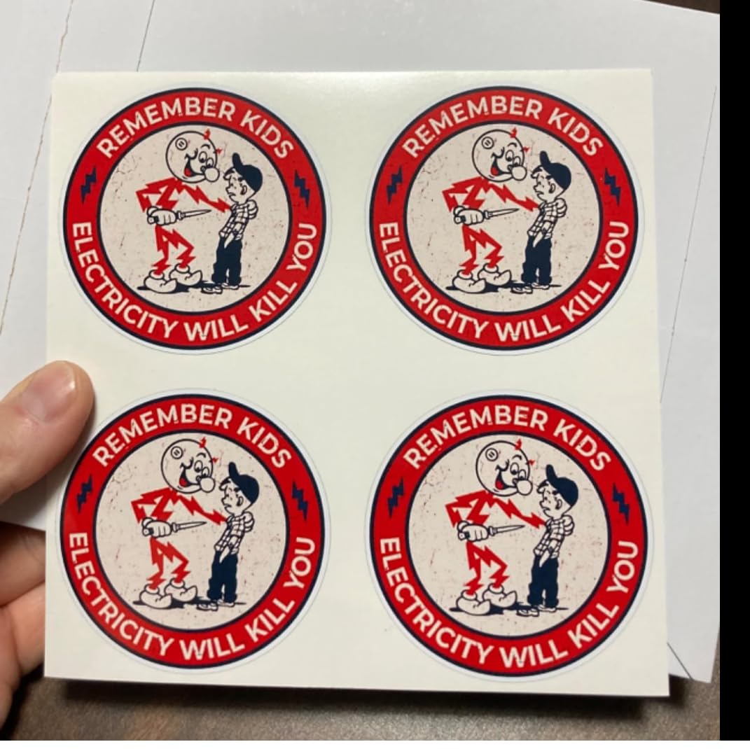 AG 4 PCS Remember Kids Electricity Will Kill You Decal Hard Hat Stickers Reddy Kilowatt Funny Electrician Mechanic Stickers, 3 Inch, Electricity Kills Sticker
