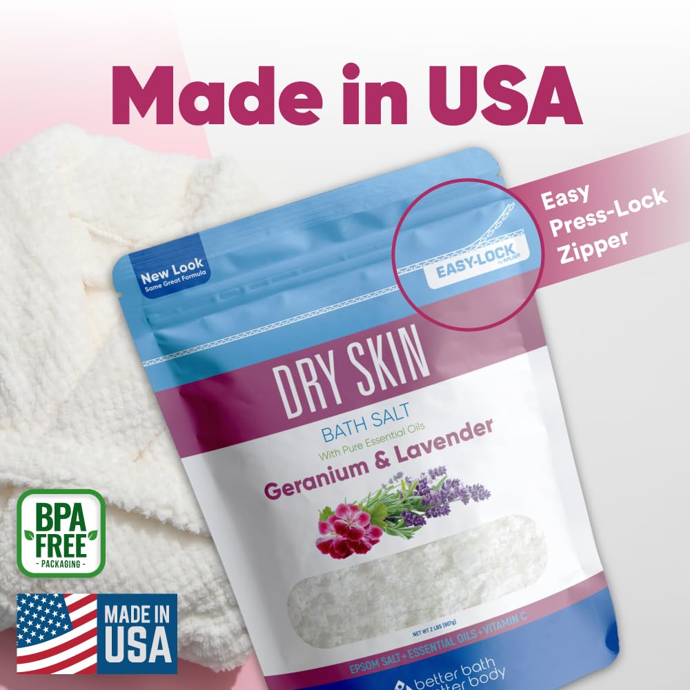 Dry Skin Bath Salt 32 Ounces (2 Lbs) Epsom Salt with Natural Geranium and Lavender Essential Oils Plus Vitamin C in BPA Free Pouch with Easy Press Lock Seal Made in USA