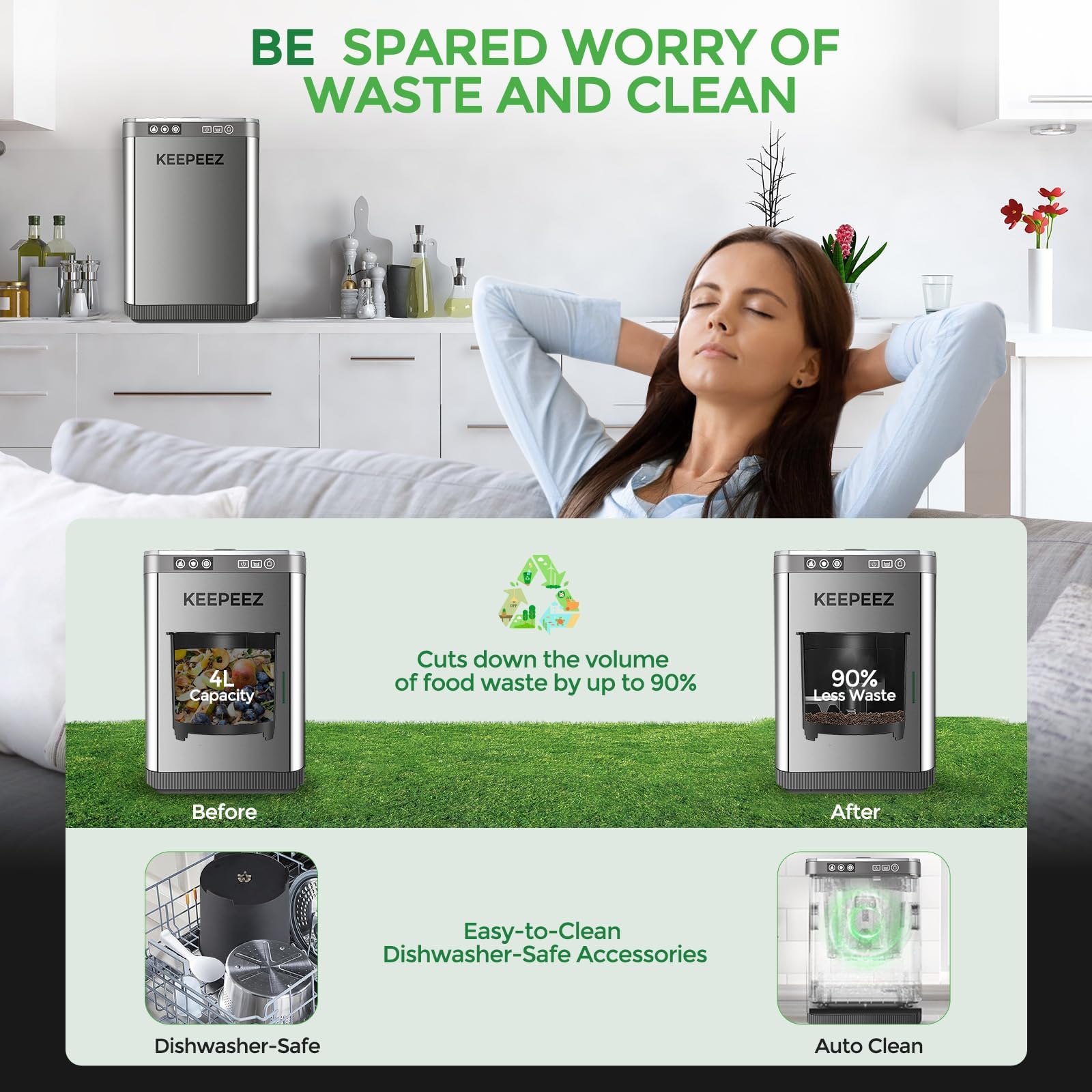 4LB Max Electric Composter, Kitchen Composter Energy Efficient, Composter Indoor Turn Scraps into Garden Fertilizer, 2 Zero Odor 3-Layer Carbon Filter, Smart Compost Bin Kitchen Silent, Auto Washing