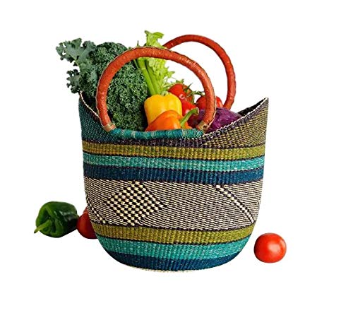 Large Yikene Ghanaian Wing U-Shopper Bolga Basket Fair Trade - 16"-18" Across (Green)