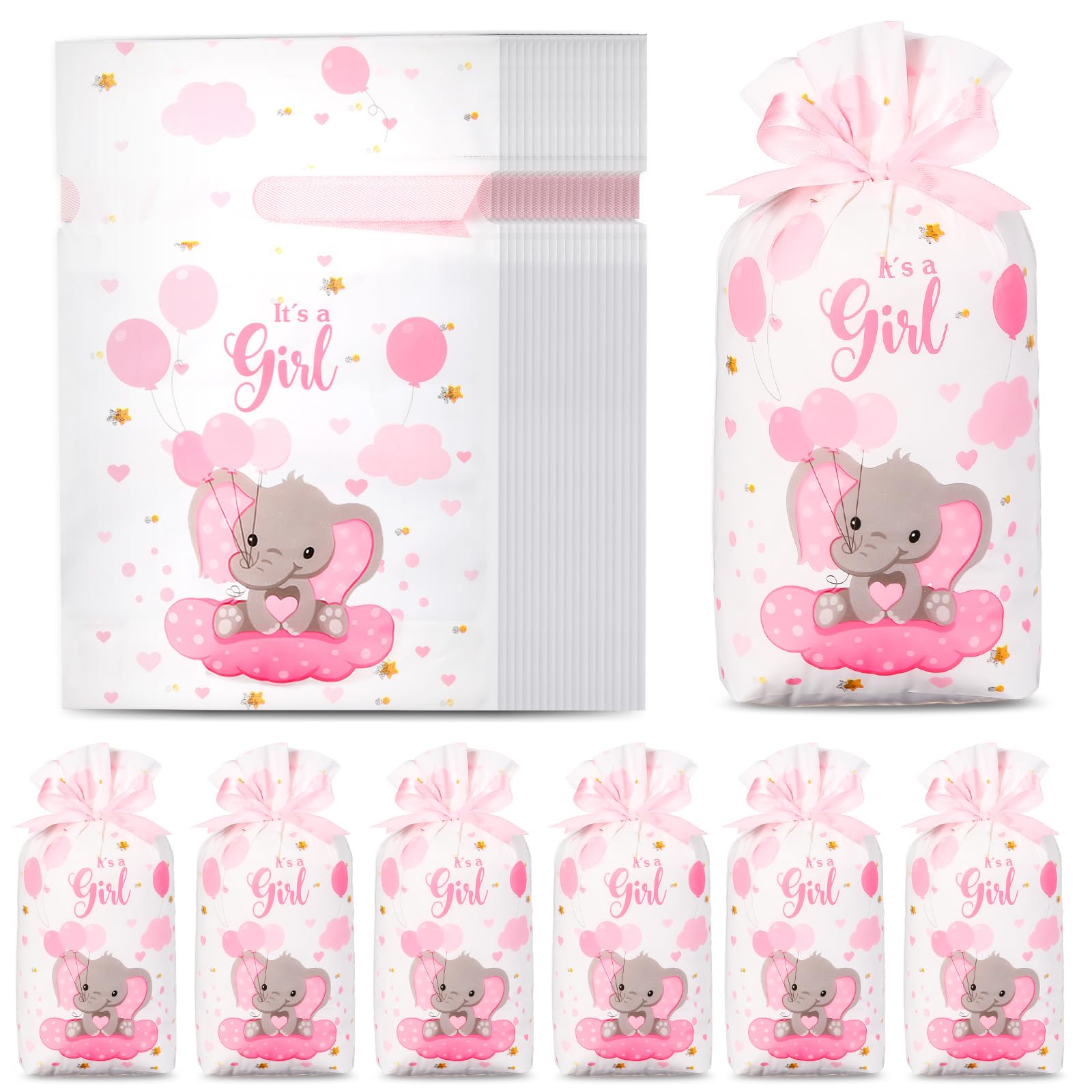 Chiisong 50 Pcs Baby Shower Treat Bags with Bow Plastic Baby Drawstring Candy Goodie Bags Baby Shower Party Favor Gift Bags for Boy Girl Birthday Gender Reveal Party 9 x 6 x 2 Inch(Pink Elephant)