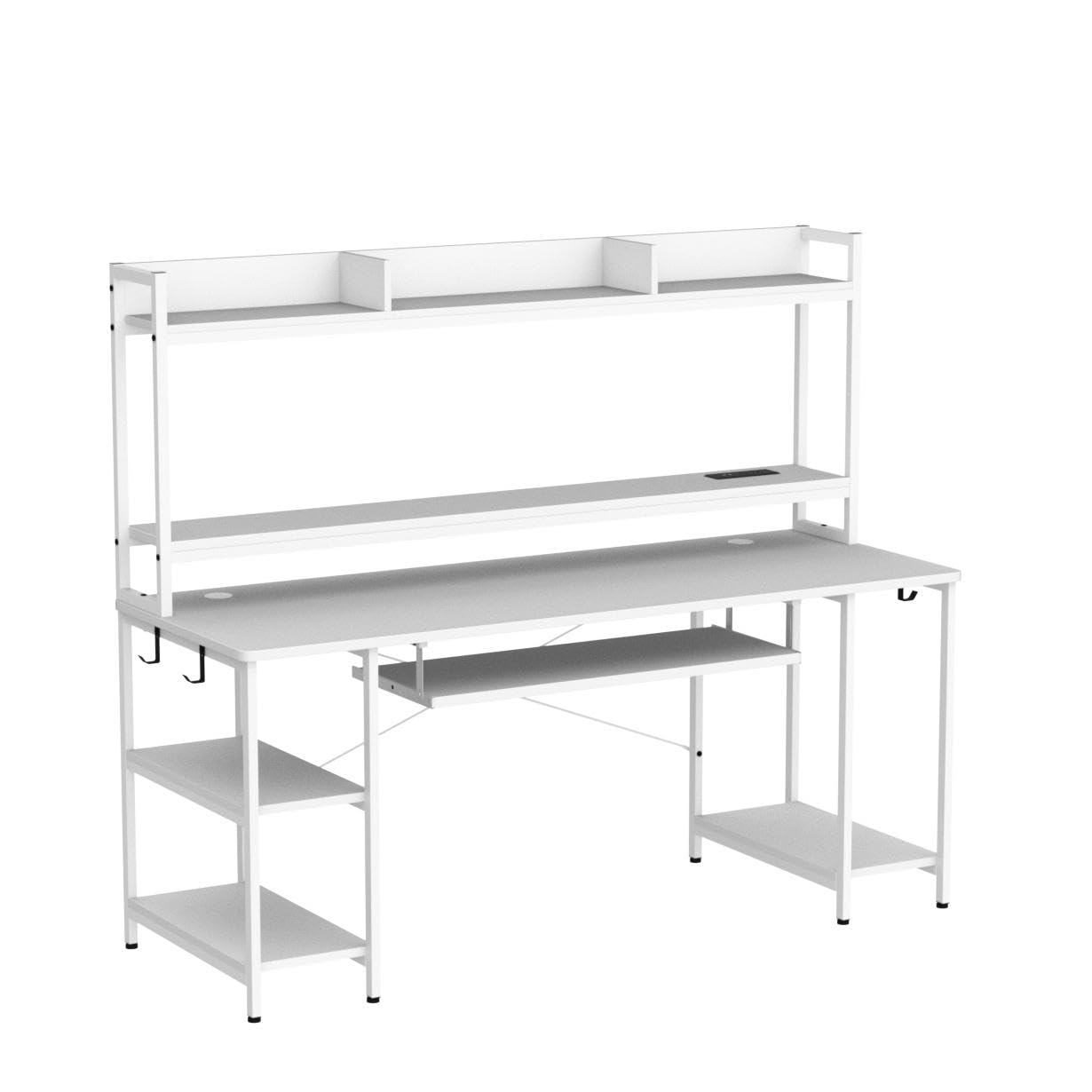 55 IN White Desk with Power Outlet & USB Ports, Reversible Computer Desk with Keyboard Tray Hutch Storage Shelves Monitor Stand, Gaming Desk Home Office Desk Study Writing Workstation, Easy Assembly