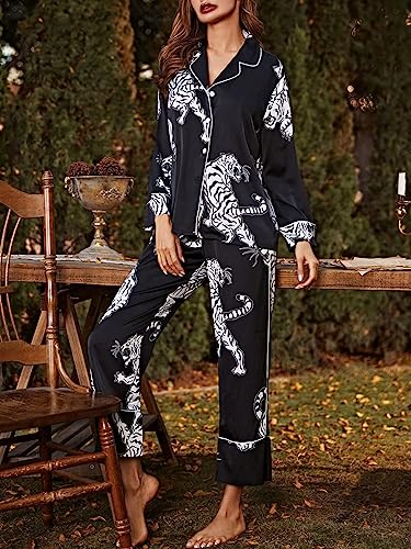 Brosloth Women's Silk Satin Pajamas Pjs Sets Cute Tiger Pattern Two Piece Loungewear Set Button Up Pajamas Sleepwear Black M