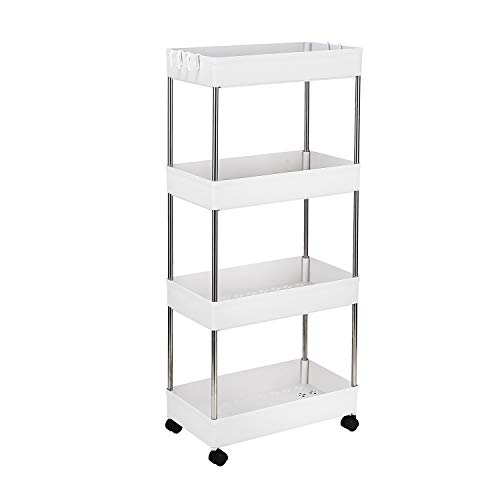 4 Tier Slim Storage Cart, Bathroom Storage Organizer Mobile Multi Functional Slim Storage Cart Rolling Utility Cart Tower Rack for Kitchen Bathroom Laundry Narrow Places
