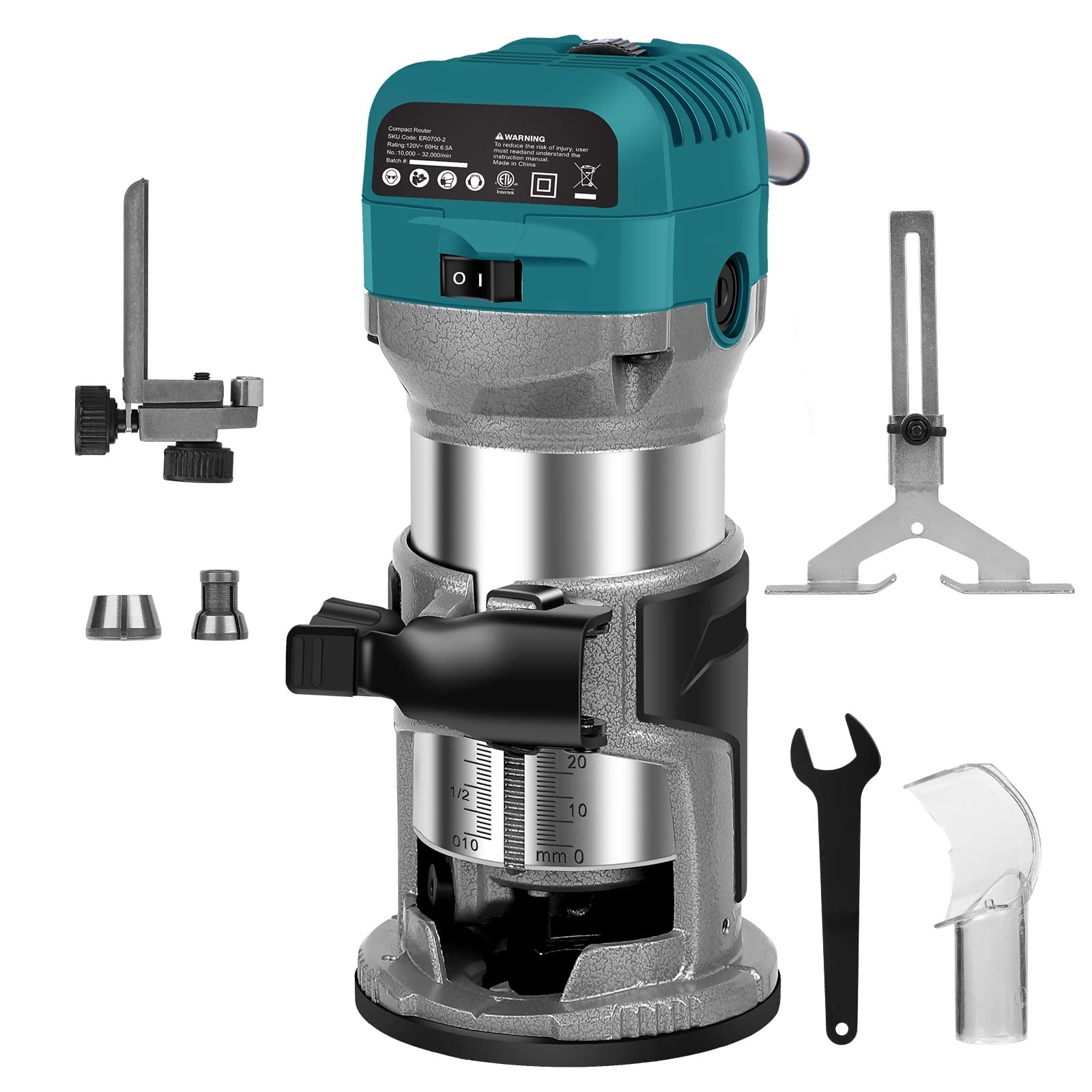 6.5-Amp Wood Router Tool, 1.25 HP Compact Trim Router with 6 Variable Speed, Fixed Base, 1/4" & 3/8" Collets, Edge Guide, Roller Guide, and Dust Hood