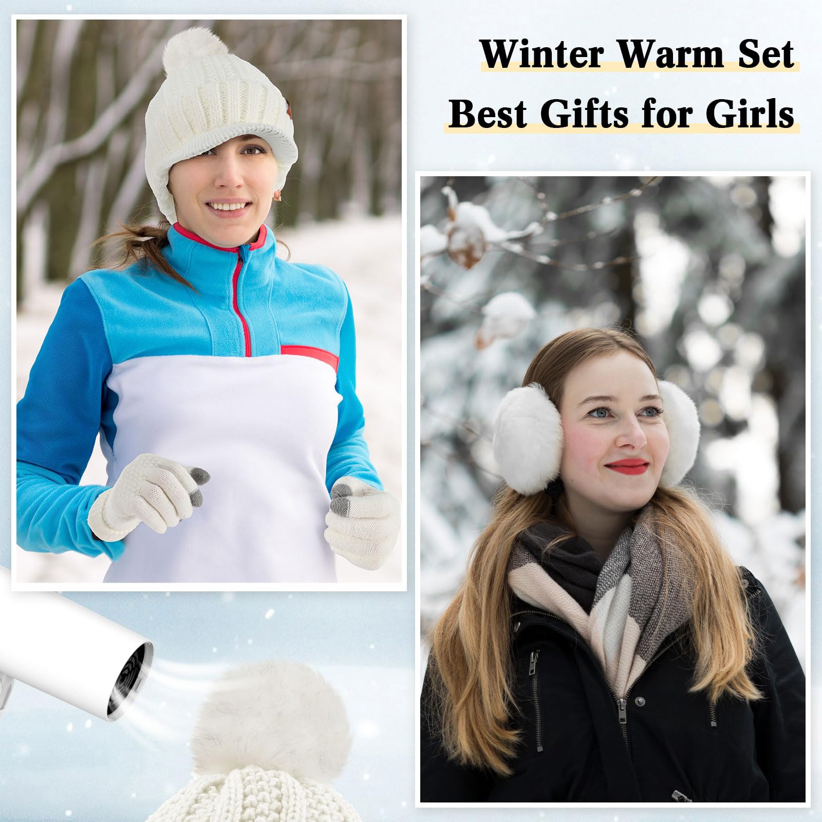 5 Pieces Women Ski Outing Set, Knit Winter Hat Scarf Gloves Earmuffs Stockings (Milk White, Simple Style)