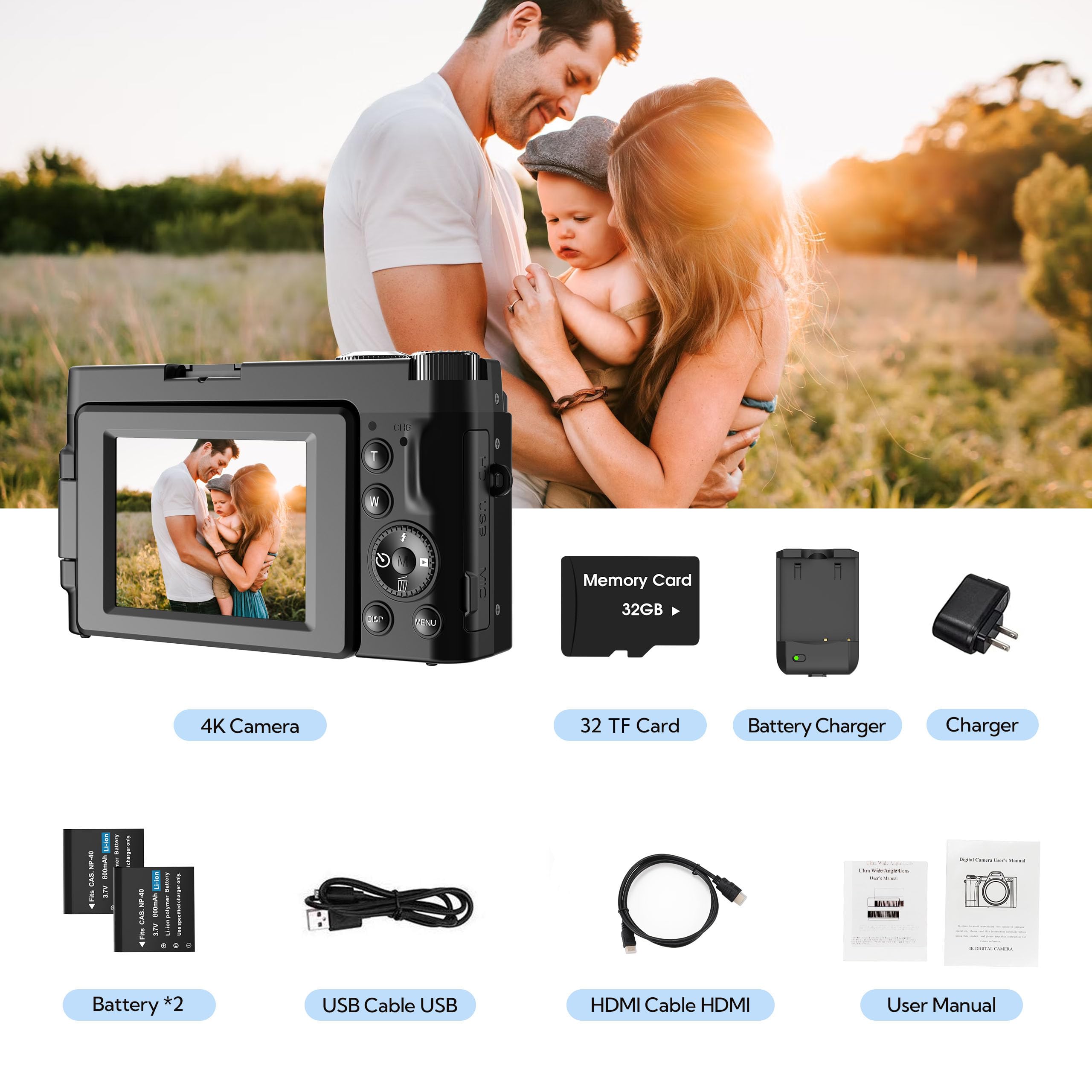 4K Digital Camera for Photography Autofocus 48MP Vlogging Camera with Flash 3'' 180°Flip Screen,16X Digital Zoom Anti-Shake Video Camera for YouTube, Point Shoot Digital Cameras with 32GB SD Card