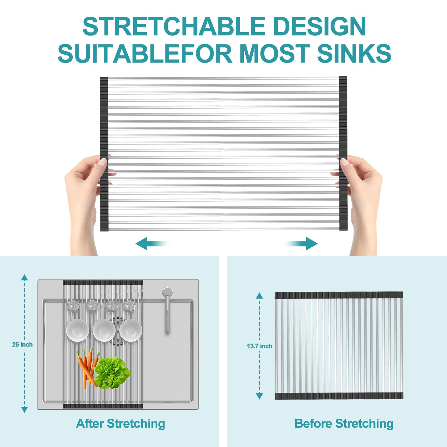 BBXTYLY Extra Large Expandable Roll Up Dish Drying Rack,Over The Sink Drying Rack Sink Cover Kitchen Sink Accessories Kitchen Rolling up Stainless Steel Drainer, Foldable,Rollable(Black,25.1''-17.3'')