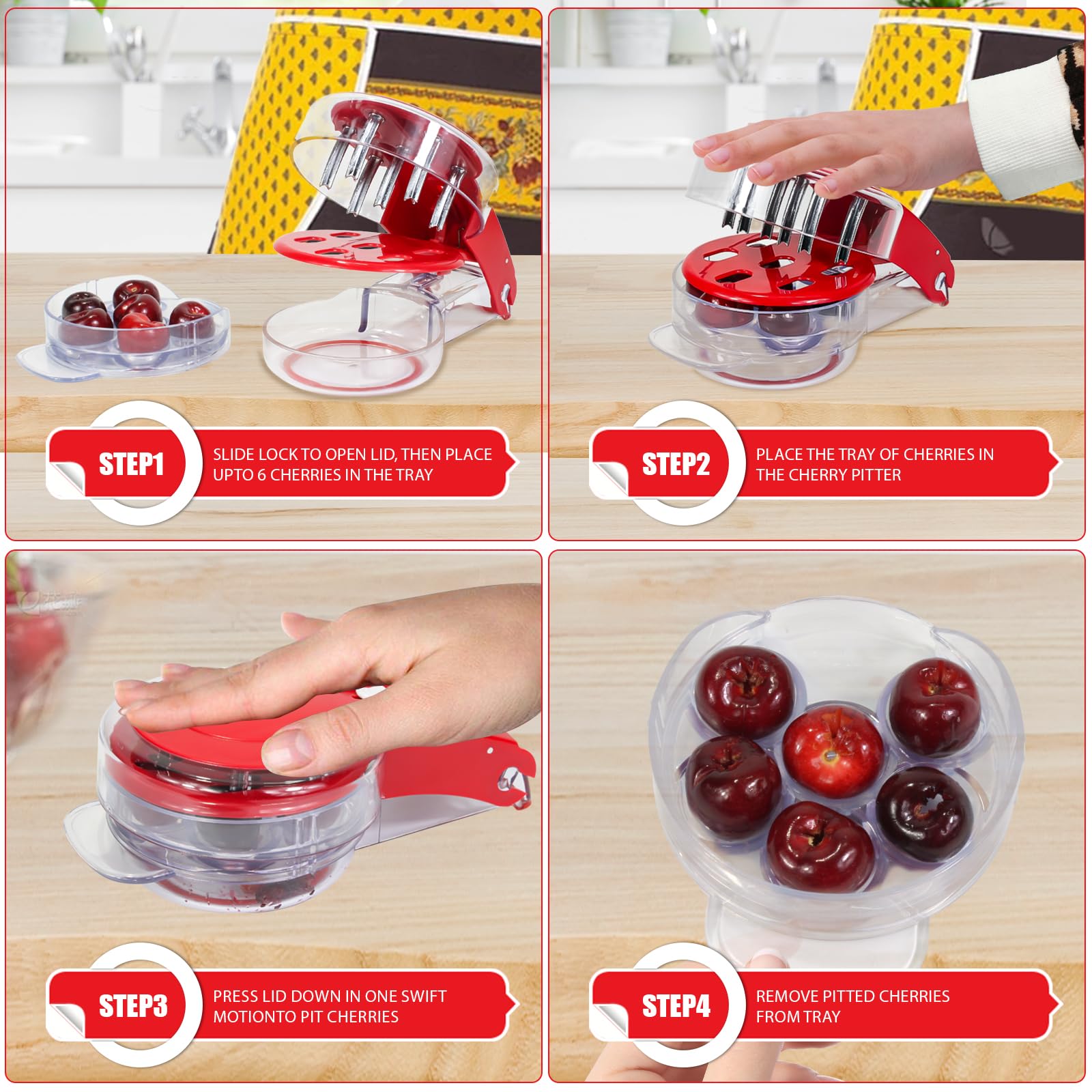 6-in-1 Cherry Pitter Tool - Portable Push-Down Cherries Seed Remover, Ergonomic handle Design for Kitchen, Picnics