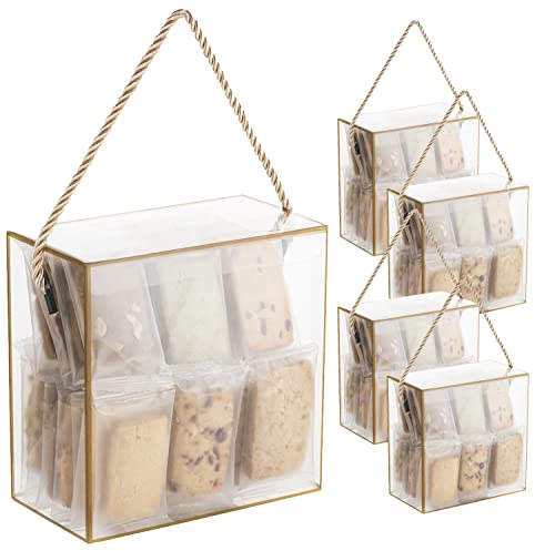 Atenzol Clear Box with Lid Handle (5PCS), 5.5x3x5.5 Candy/Cookie/Favor/Gift Box, Golden Lining, Blank without Writing