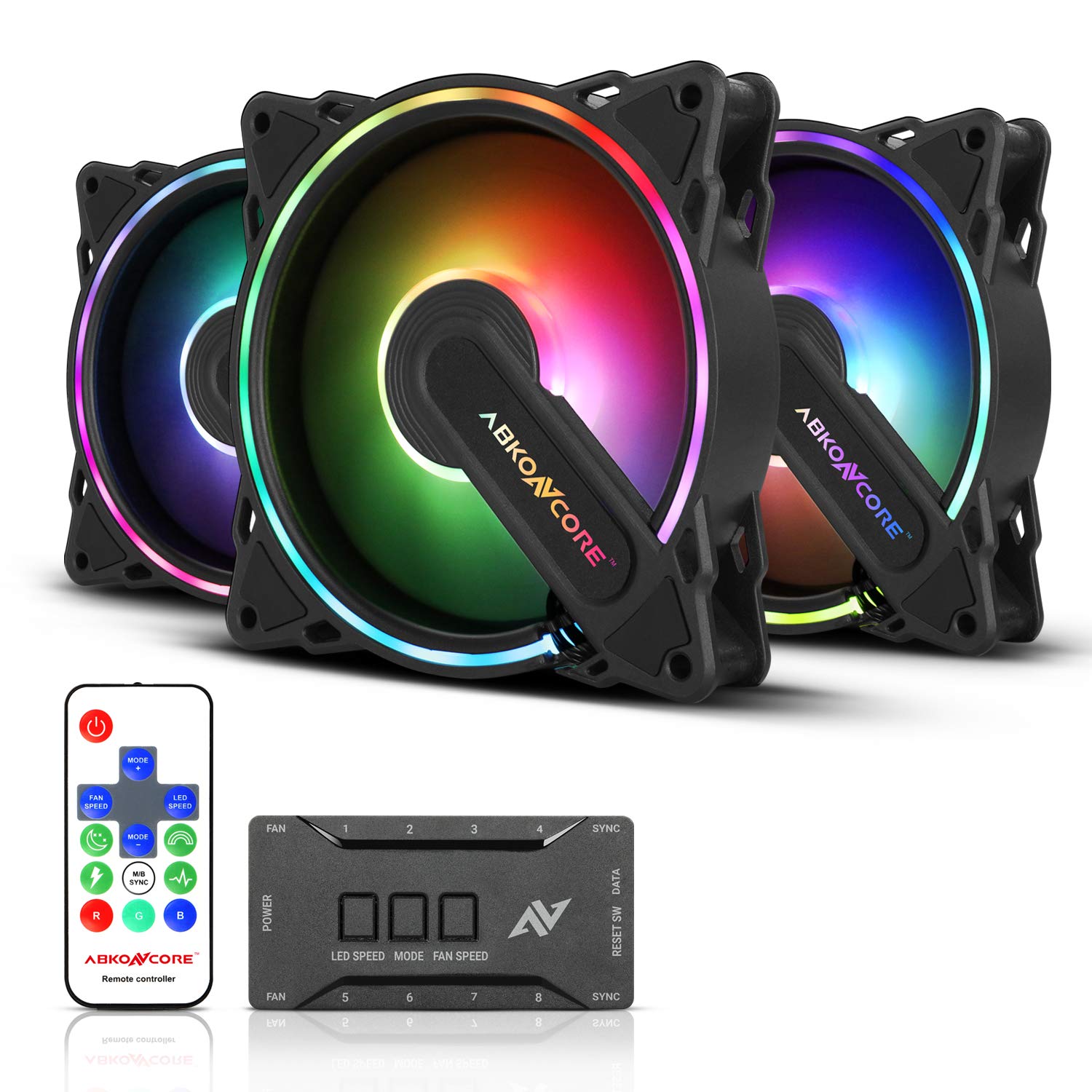 ABKONCORE HR120 RGB Fans, 3 Pack 120mm Computer Fans, 5V ARGB Motherboard SYNC/Remote Controller, Ajustable Fan Speed and Color, Hydro Bearing Case Fan with Fan Control Hub