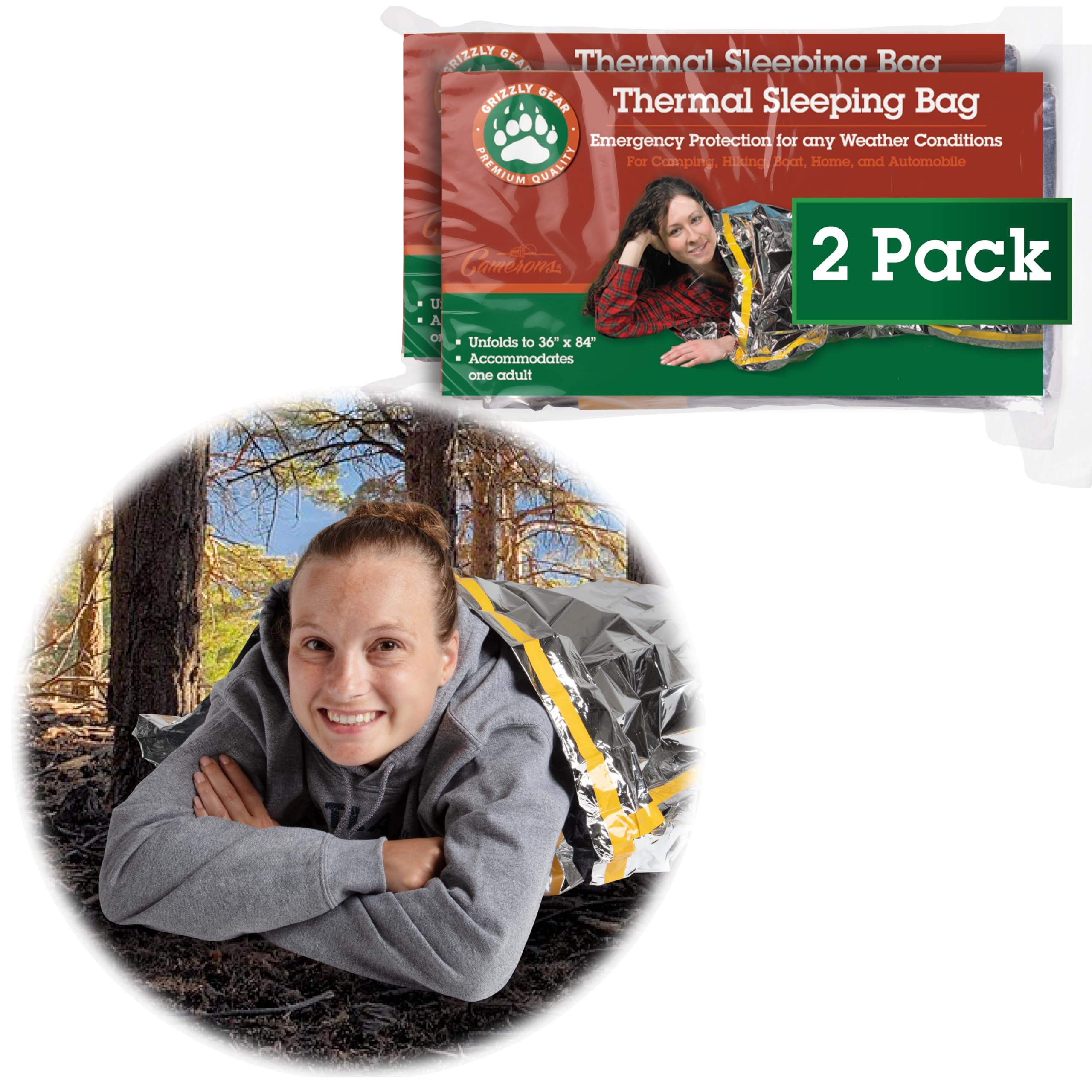 Emergency Thermal Mylar Sleeping Bags - 2 Pack - Ultra Compact for Camping, Survival, Disaster Bivouac Shelter - Pocket Sized, Unfolds to 7ft x 3ft -Retains 90% of Body Heat and Repels Wind and Water