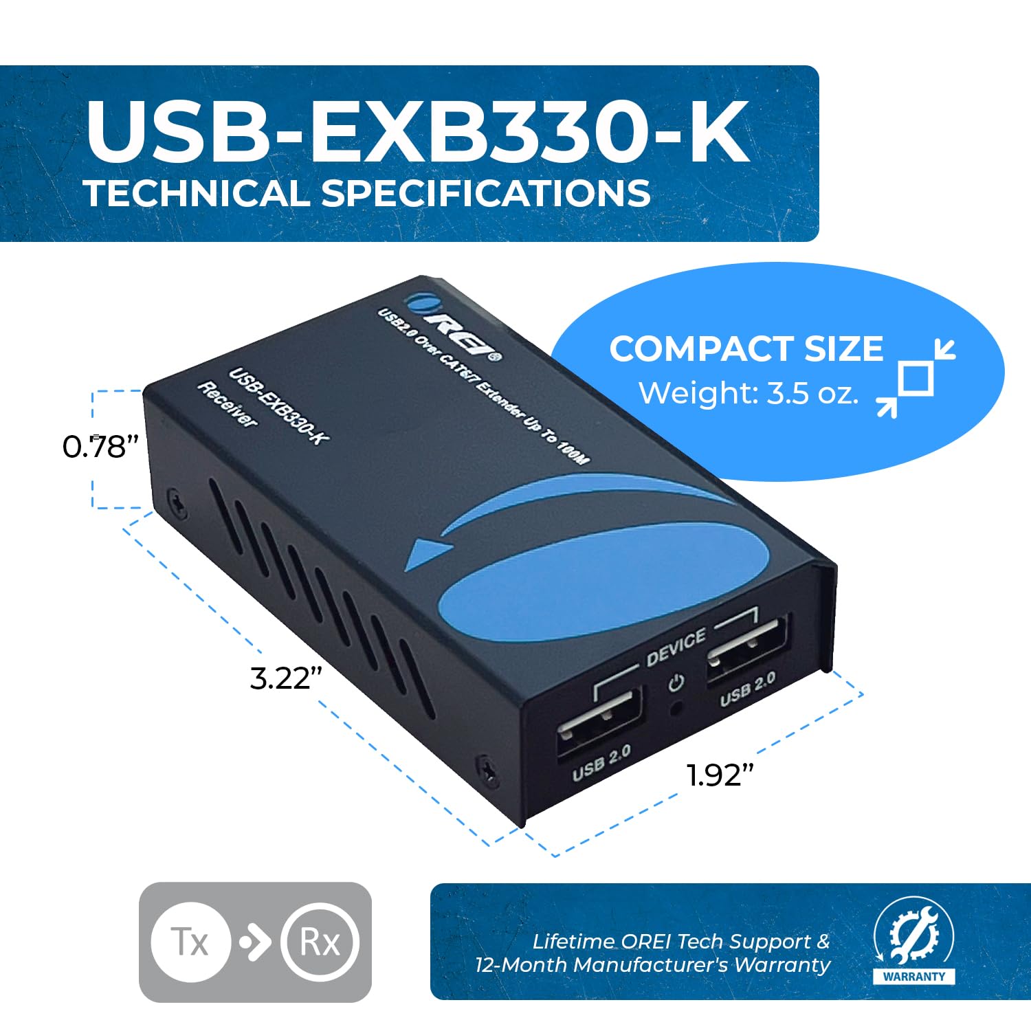 OREI USB Over Ethernet Extender Upto 330 Feet - Extends USB 2.0 Signals Over LAN Ethernet with 2 Ports - Power Over Cable, Long Distance Extension & Support for All Operating Systems (USB-EXB330-K)