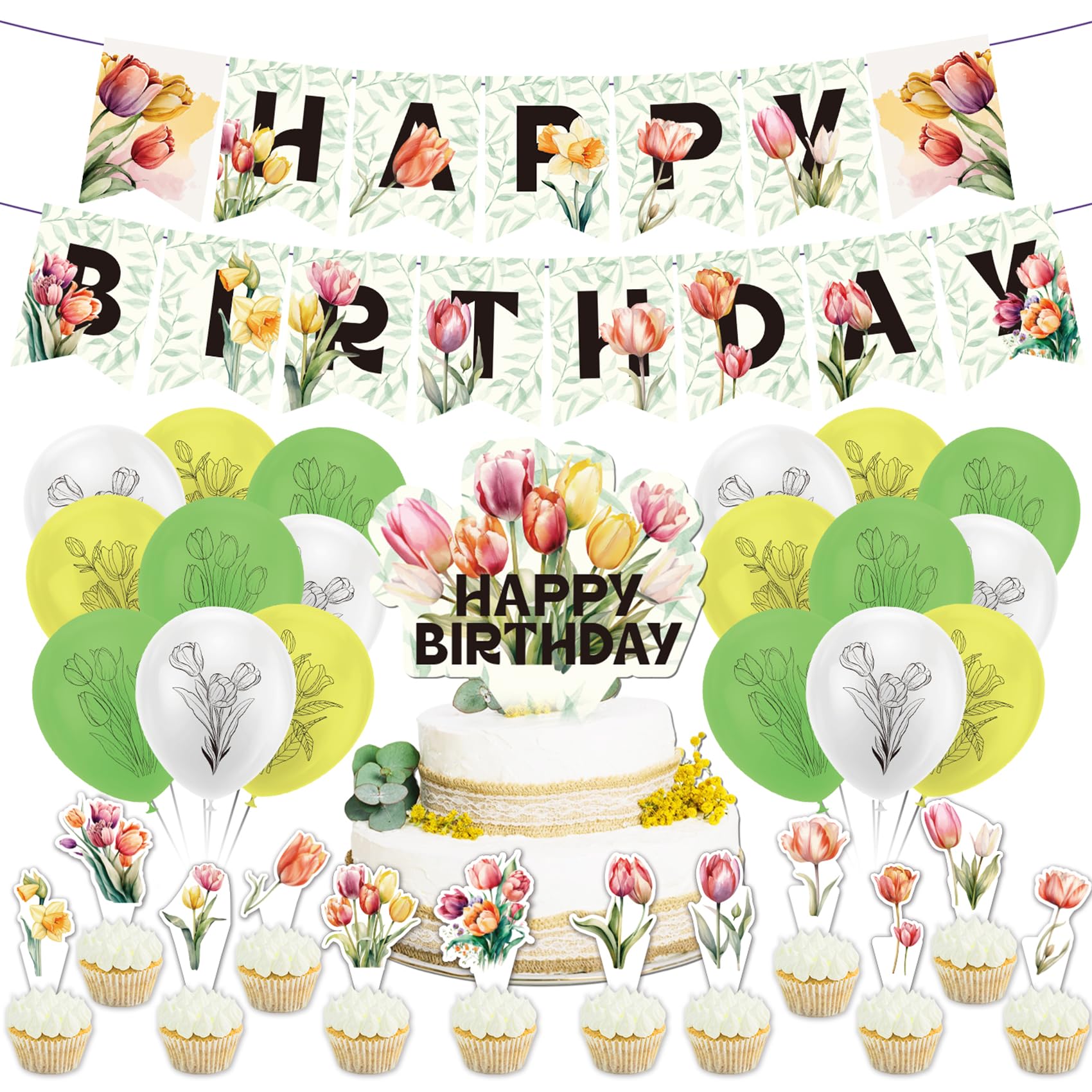 Tulip Party Decorations Tulip Flower Birthday Party Supplies Includes Tulip Birthday Banner Cake Topper Cupcake Toppers Balloons for Tulip Birthday Party Bridal Shower Baby Shower Decor