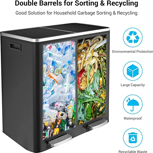 AthLike 60L(16 Gal) Dual Trash Can, Stainless Steel Kitchen Garbage Can, Double Compartment Classified Rubbish Bin, Recycle Dustbin w/Plastic Inner Buckets, Handle, Soft-Close Lid, Airtight
